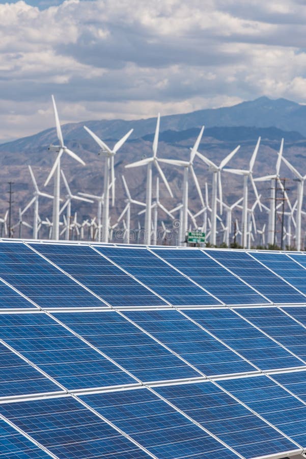 Solar Panels and Wind Turbines in Sunny Desert Stock Photo - Image of ...