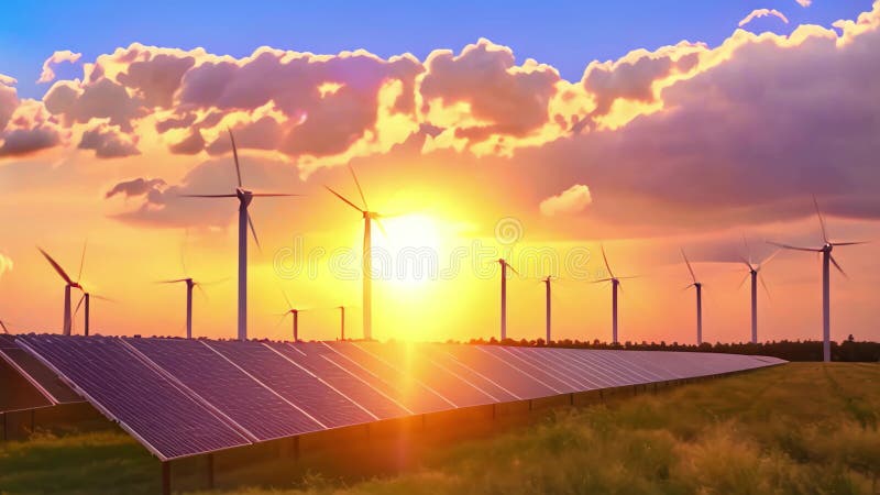 Solar Panels and Wind Turbines at Sunset, Alternative Energy Source ...
