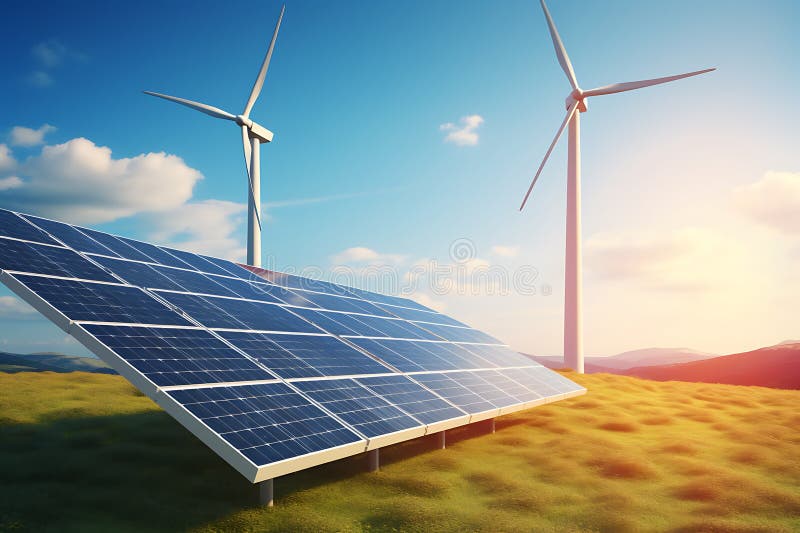 Solar Panels and Wind Turbines at Sunset. Alternative Energy Source ...