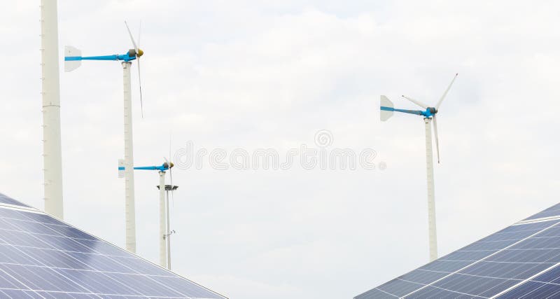 Solar Panels and Wind Turbines Under Sky and Clouds Horizon Stock Image ...