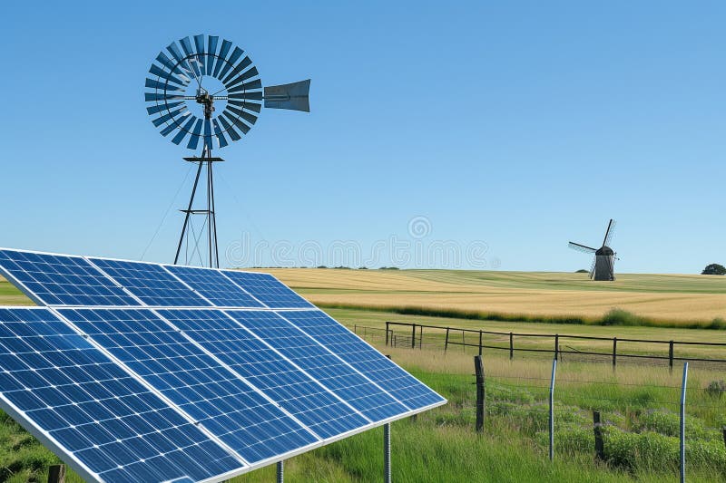 Solar Panels beside a Windmill on a Farm with Clear Blue Skies Stock ...