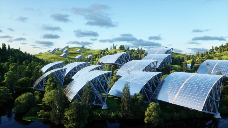 Solar Panels in Wonderfull Landscape. Future. 3d Rendering. Stock ...