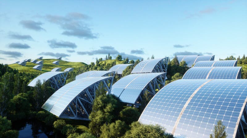Solar Panels in Wonderfull Landscape. Future. 3d Rendering. Stock ...