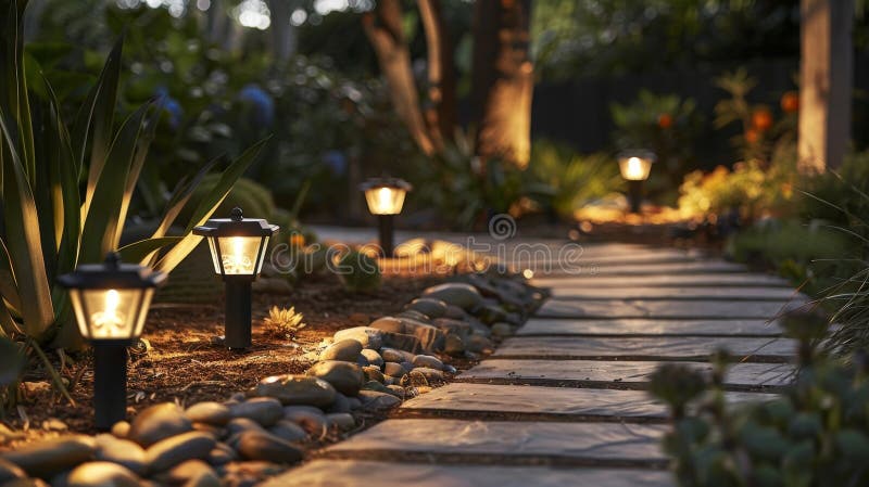 Solar Path Lights Casting a Warm Glow on the Rustic Stone Walkway in ...