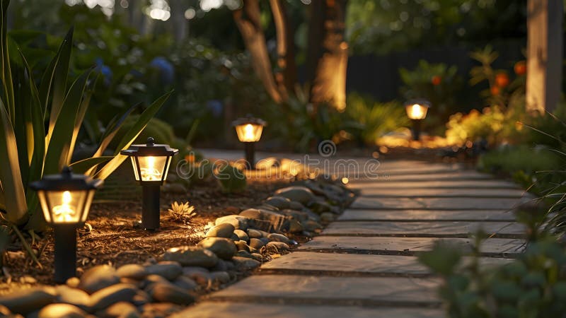 Solar Path Lights Casting a Warm Glow on the Rustic Stone Walkway in ...