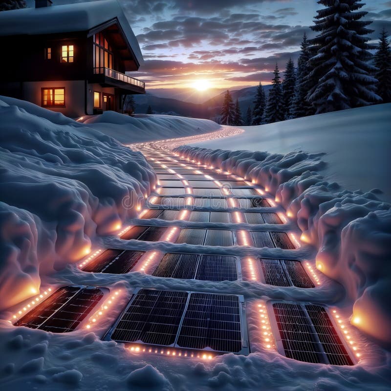 Sunset Pathways Illuminated by Solar Panels in Winter, Generative Ai ...
