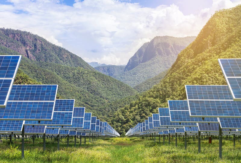 Solar Photovoltaics Panels with Mountains Background Stock Image ...