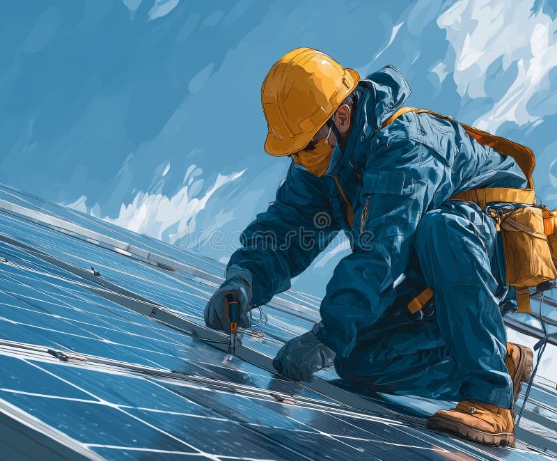 Solar Power Engineer is Installing Solar Panels on Rooftop, Showcasing ...