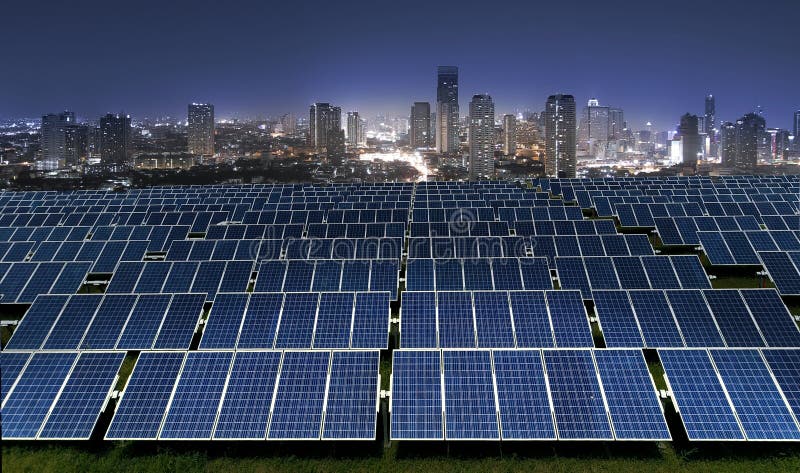 Solar Power Farm and Night City Light Stock Photo - Image of cells ...