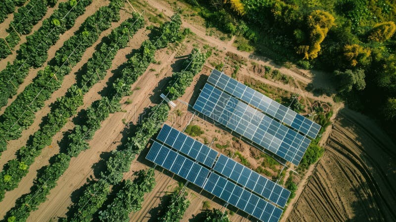 Solar Power Installation on a Farm with Rows of Crop Stock Illustration ...