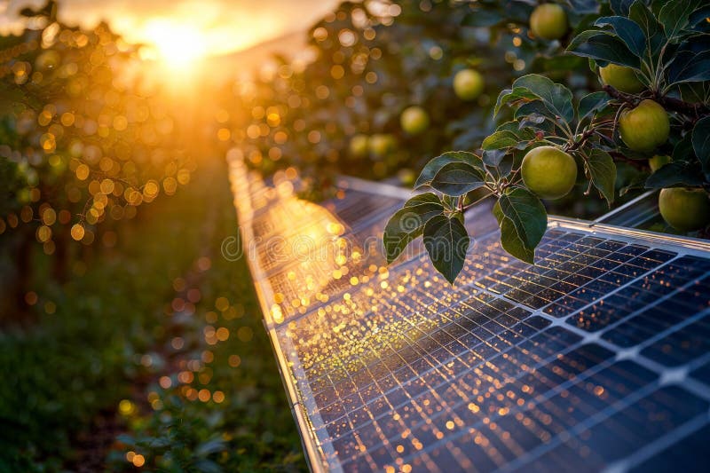 Solar Panels and Apples at Sunset, Generative Ai Stock Illustration ...