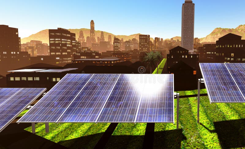 Solar power panels in city stock illustration. Illustration of circular ...