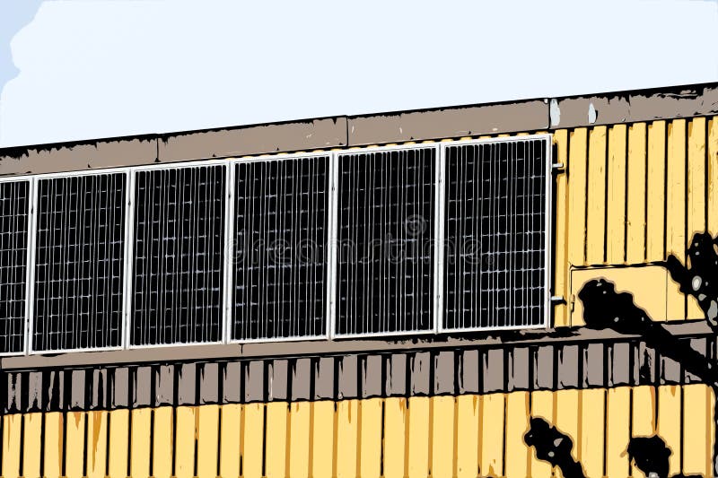 Solar Power Panels on the Facade of a Yellow Warehouse.. Stock Image ...