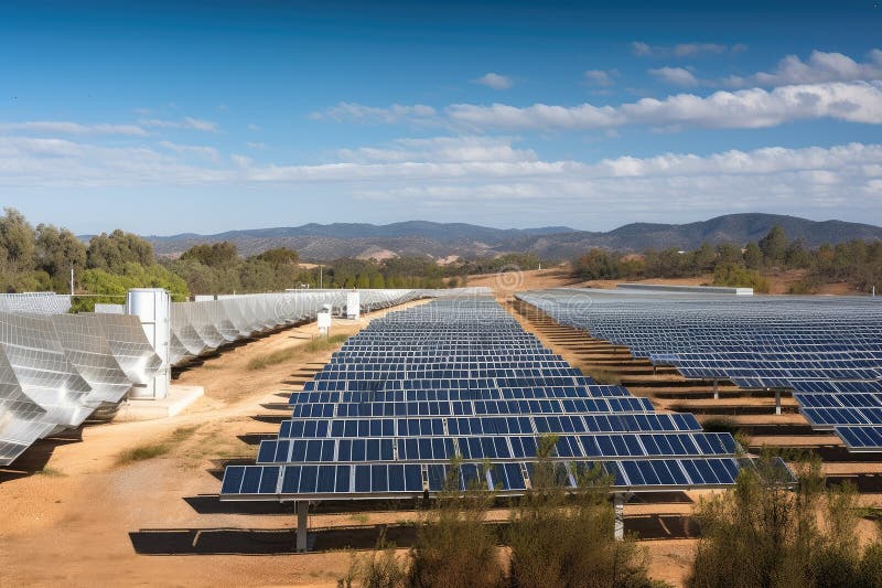 Solar Power Plant, with Panels and Cooling Systems Visible Stock ...