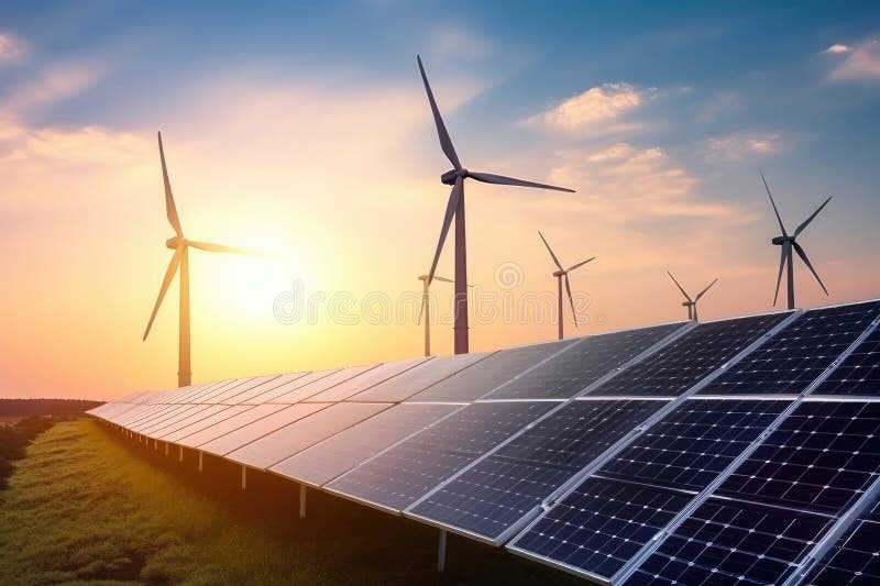 Solar Power Plant with Wind Turbines at Sunset Under a Blue Sky Stock ...