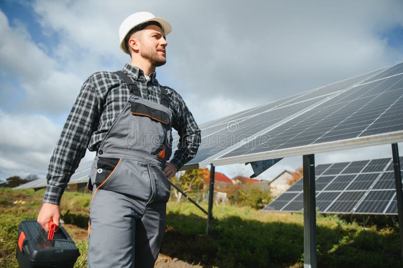 Solar Power Plant Worker Checks the Condition of the Panels Stock Photo ...