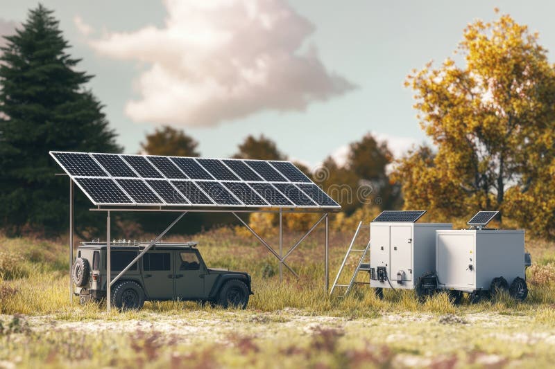 Solar Power Setup in a Green Field with a Vehicle and Trailers in ...