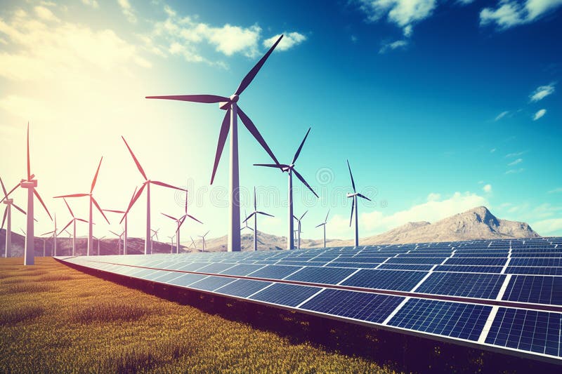 The Solar Power Systems are Set Up with Wind Turbines with Blue Sky ...