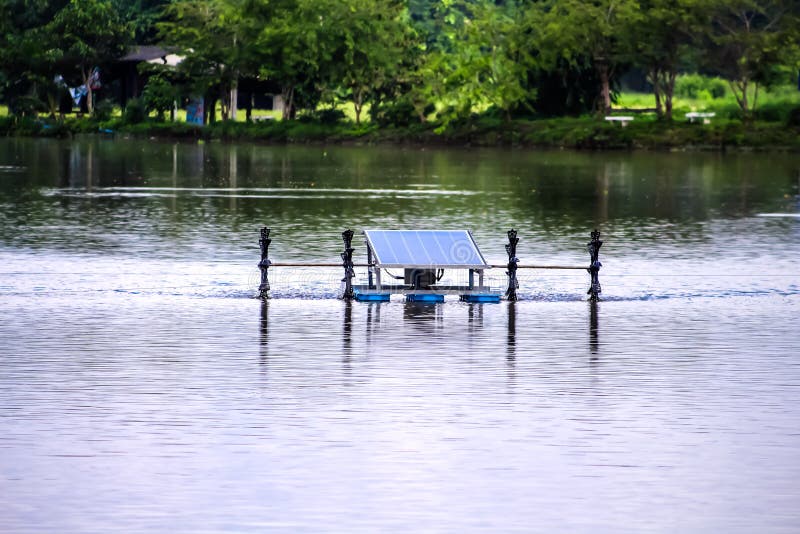 Solar Power and Water Turbine on River Technology Background Stock ...