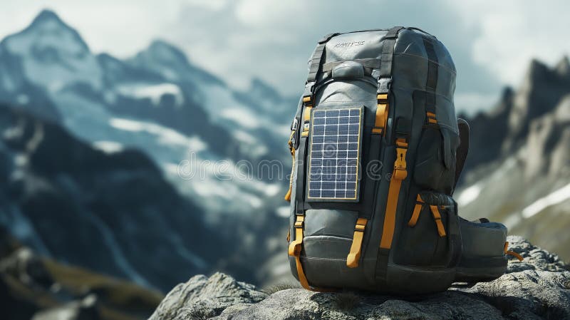 Solar-powered Backpack Rests on Rocks with Mountains in Background ...