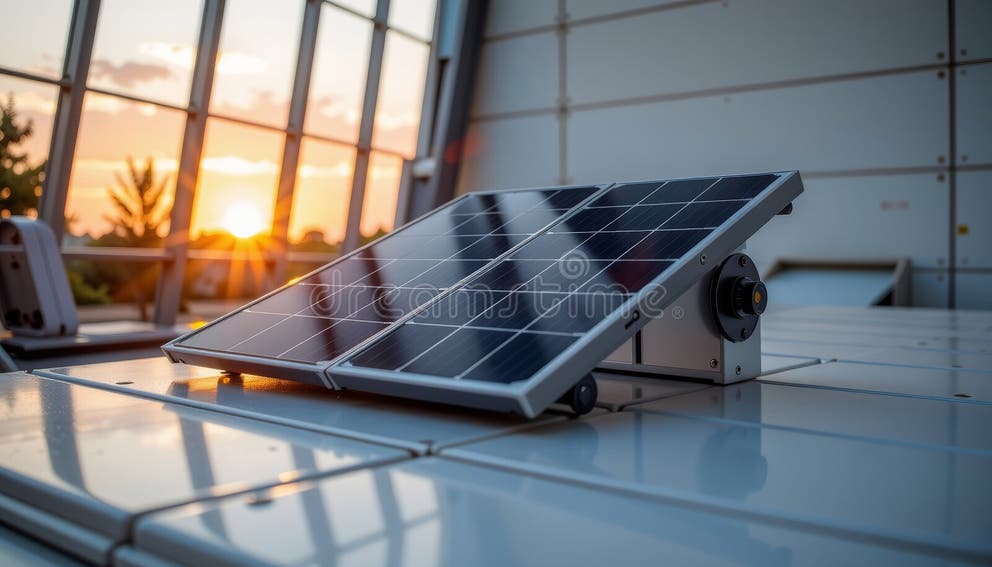 Solar Powered Battery Panel on White Table with Sunset Light Shining ...