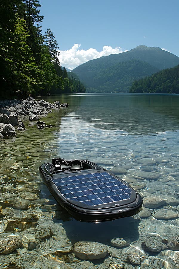 Solar-powered Boat Gliding through a Tranquil Forest Lake. Stock ...