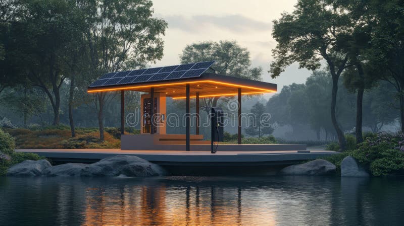 Solar Powered Bus Stop Pavilion in a Serene Park Setting Stock ...