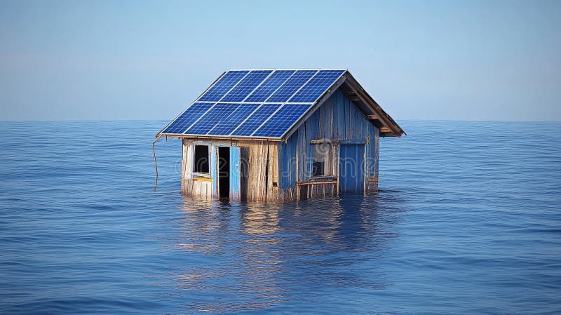 Solar-Powered Cabin Flooded, Climate Change, Renewable Energy Stock ...