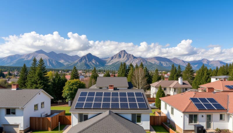 Solar-powered Community with Mountain Backdrop, Renewable Energy Stock ...
