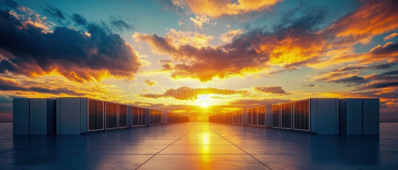 Solar-Powered Data Center at Sunset with Scenic Sky Stock Illustration ...