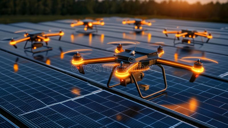 Solar Powered Drones Flying Over Solar Panels at Sunset, Showcasing ...