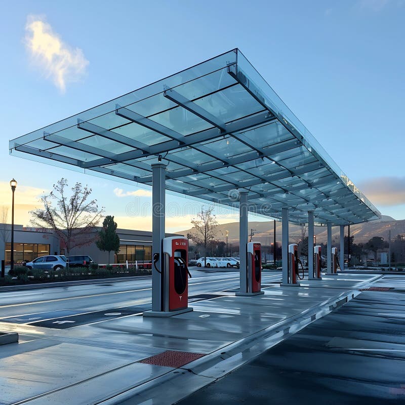 Solar Powered Ev Charging Canopy: Sleek Glass Structure, Midday Sun ...