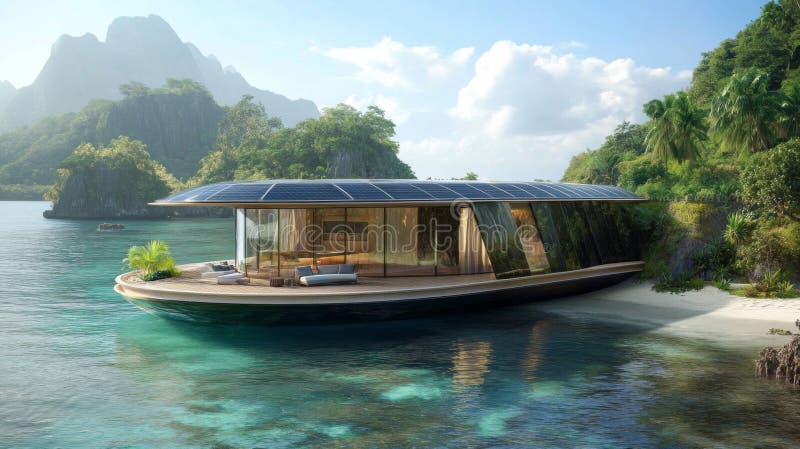 Solar Powered Floating House on Tropical Island Stock Illustration ...