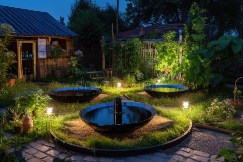 A Solar-powered Garden, with Pumps and Led Lights Stock Illustration ...