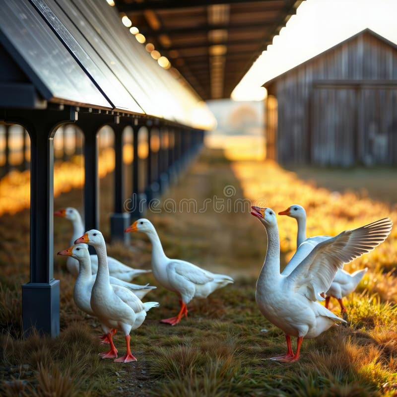 Flock of Geese Enjoying Shade Beneath Solar Panel Structure, Generative ...