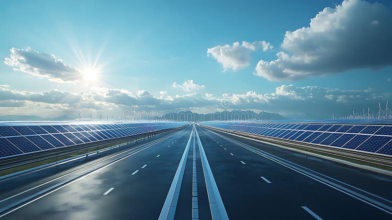 Solar Powered Highway with Solar Panels on Both Sides, Showcasing ...