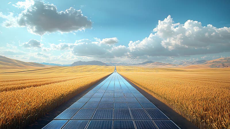 Solar Powered Highway Stretches through Golden Wheat Fields Under ...