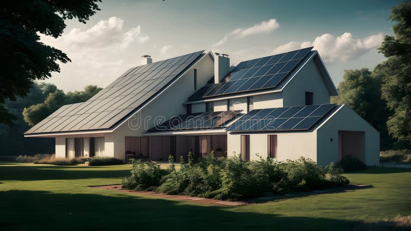 Solar-Powered Home with Sleek Panels on Roof Stock Illustration ...