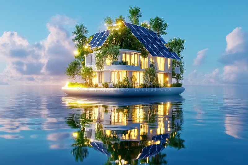 A Solar-powered House Floats on Reflective Water, Surrounded by Trees ...