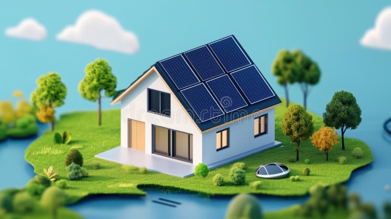 Solar-powered House on Green Island with Trees Stock Photo - Image of ...