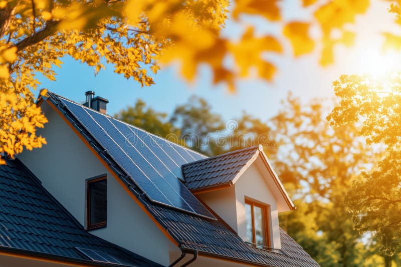 Solar-powered House Under Sunlight with Autumn Trees Stock Photo ...