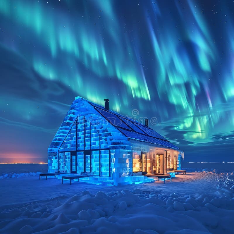 Solar Powered Ice Hotel: Glowing Blue Rooms Under Northern Lights Stock ...