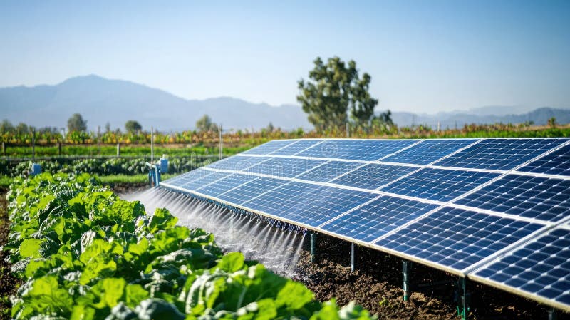 Solar Powered Irrigation System Watering Organic Vegetable Farm with Clear Sky in Background ...