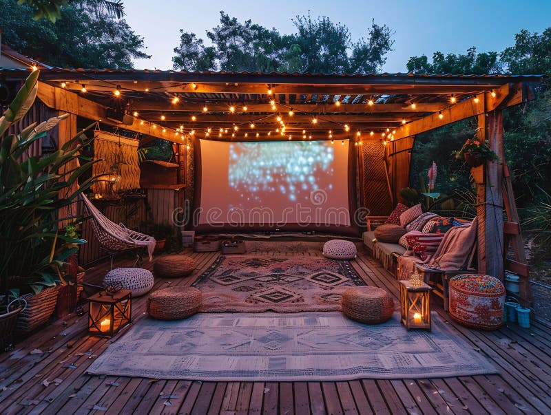 String Lights & Projector: Solar Powered Outdoor Movie Night Stock ...