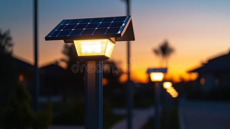 Solar-powered Path Lights Illuminate a Residential Walkway at Sunset ...