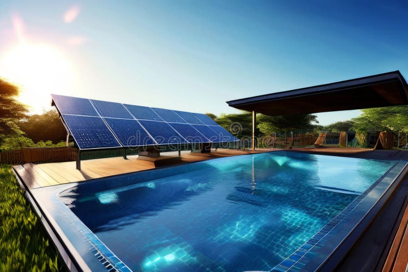 Solar Powered Pool a Pool with Solar Panels Providing an Eco Fri Stock ...