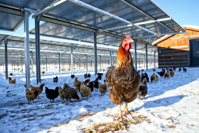 Poultry Power: Chickens Under Solar Panels in Winter, Generative Ai ...