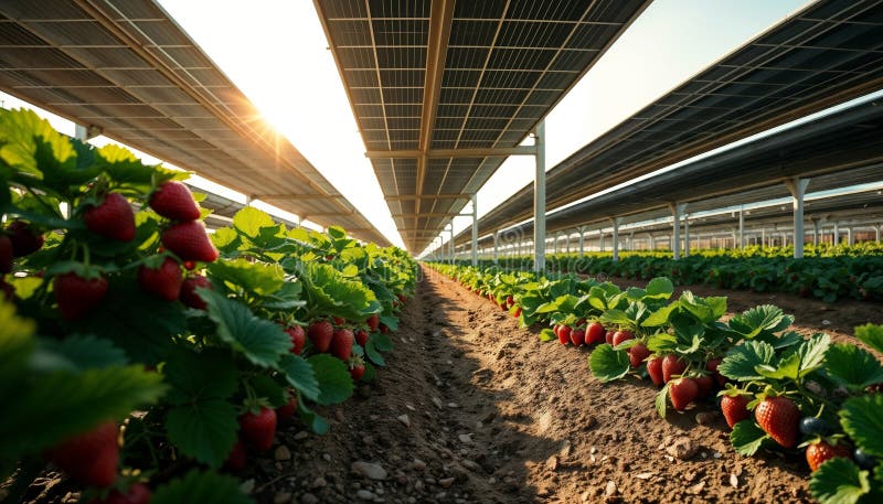 Strawberry Field Thriving Under Solar Panel Structure, Generative Ai ...