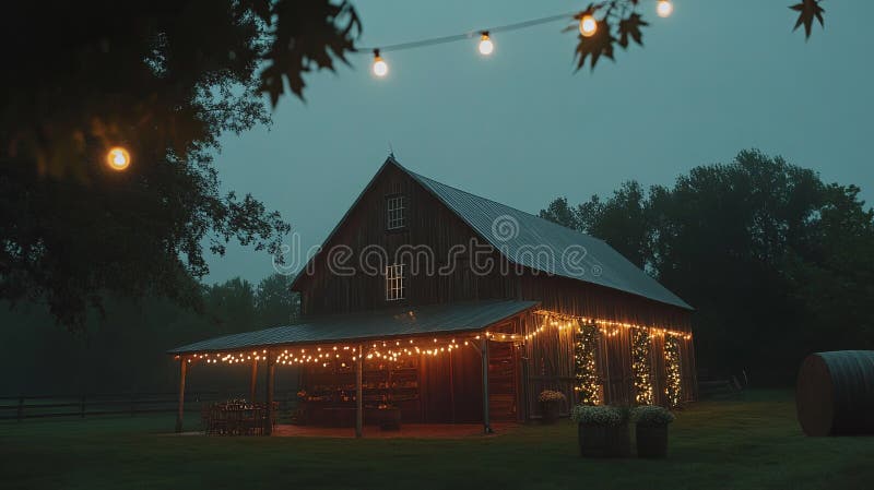 Solar-powered String Lights Lighting Up a Barn Wedding Venue . Stock ...