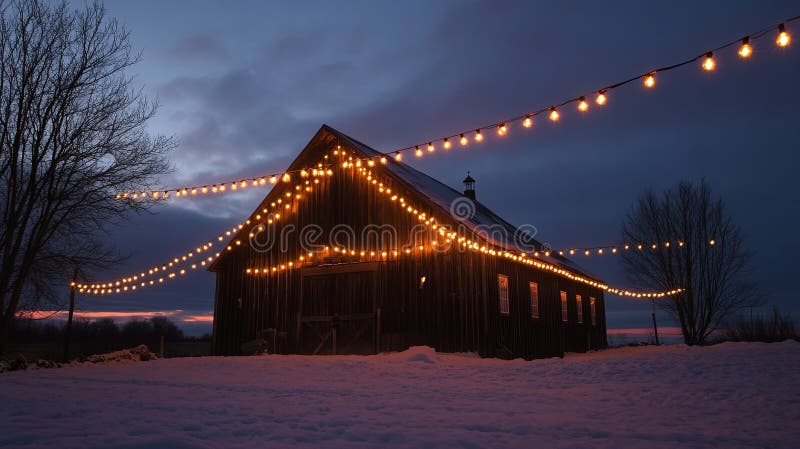 Solar-powered String Lights Lighting Up a Barn Wedding Venue . Stock ...